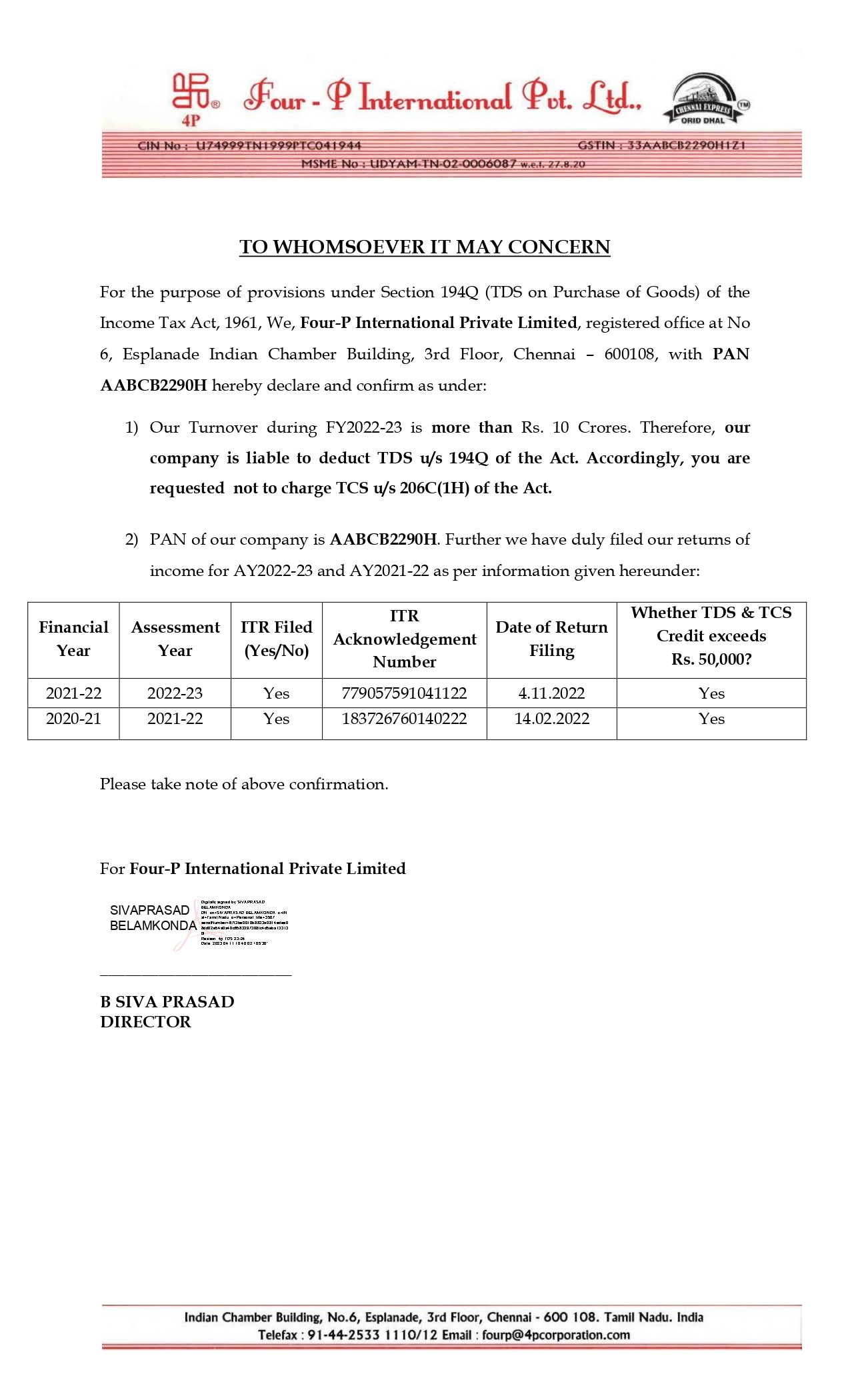 4P FY 23-24- TDS Declarations to Suppliers